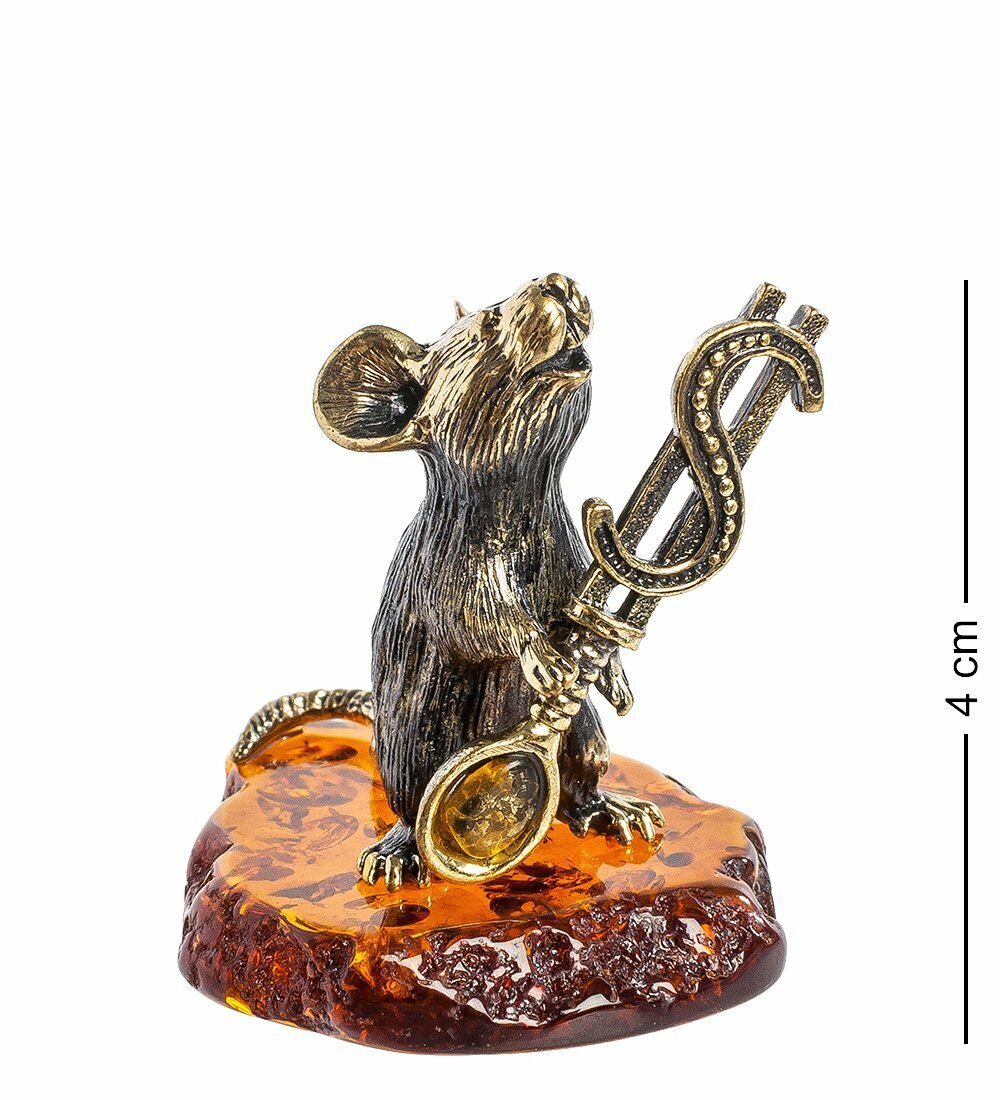 Фигурка 'Мышь с ложкой-Доллар' (латунь, янтарь)