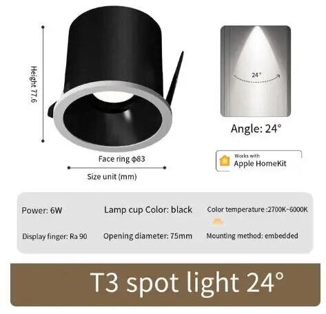 Aqara T3 Даунлайт Zigbee Smart Dimming Round Light 6 Вт Угол луча 15 ° 24 ° 36 ° 80 ° Адаптивное затемнение освещения для приложения Aqara Homekit