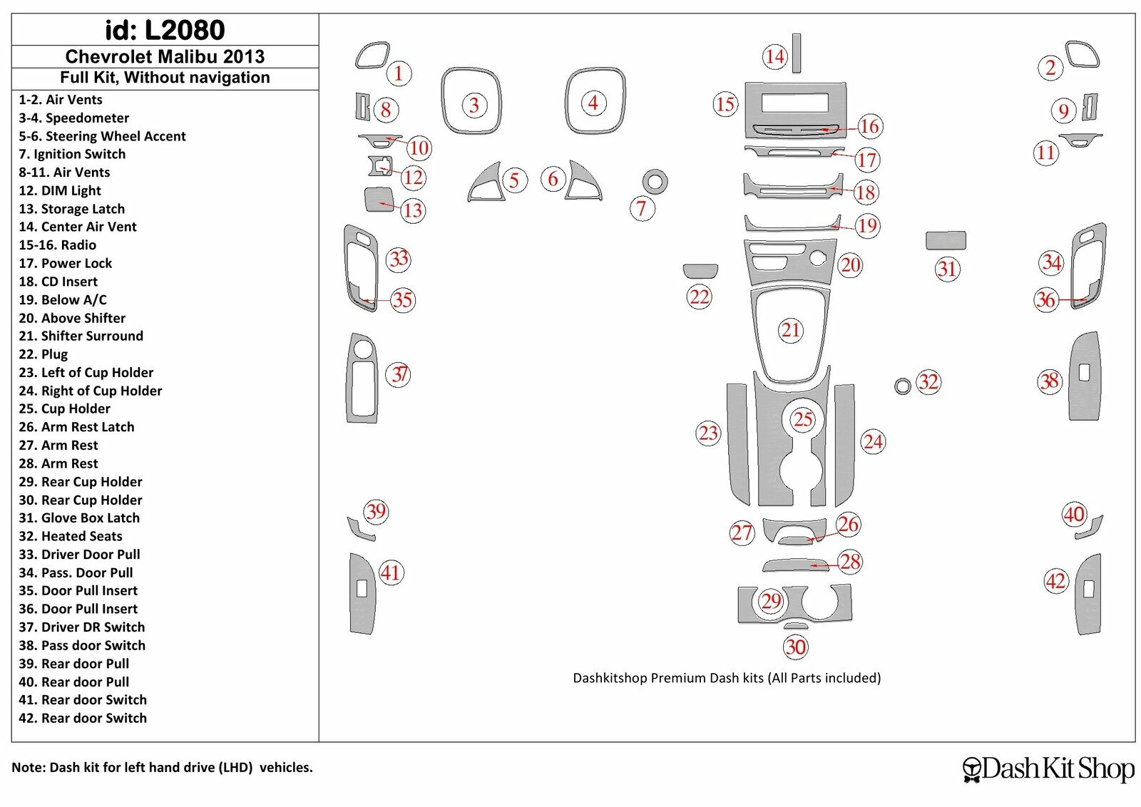 Накладки салона под дерево, карбон, алюминий для Chevrolet Malibu 2013-2013. Комплект L2080.