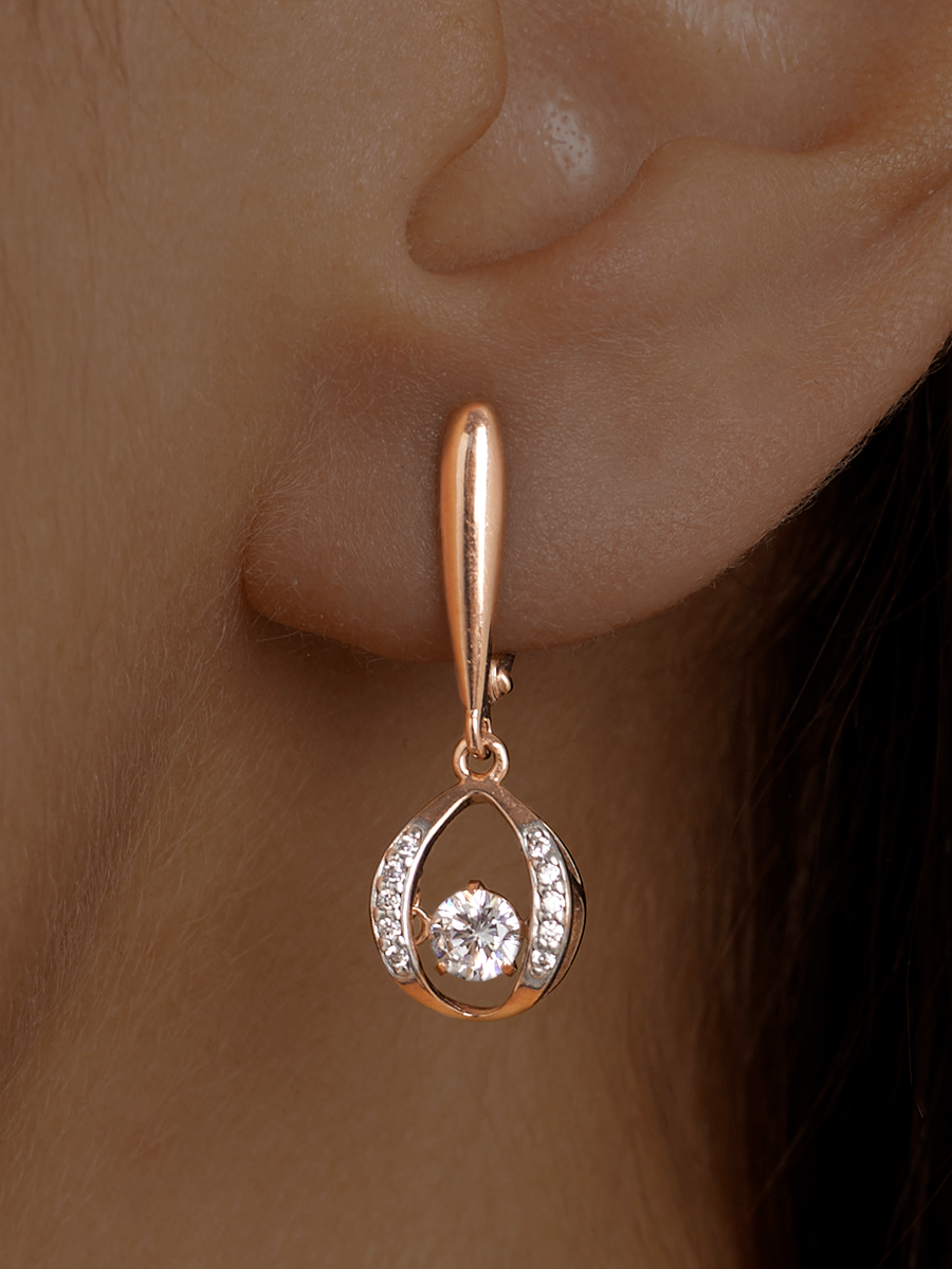 Серьги с подвесками, серебро, 925 проба, золочение, фианит