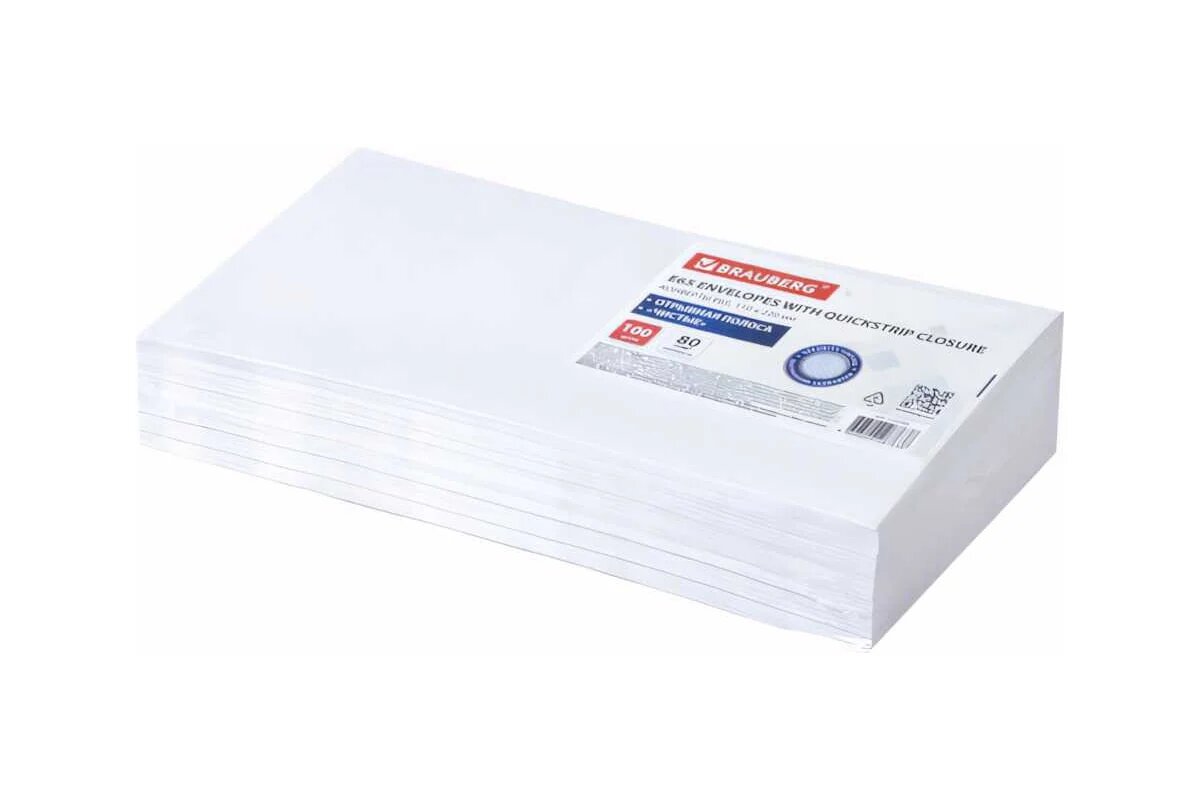 BRAUBERG Конверты Е65 110х220мм отрывная лента 80г/м2 комплект 100шт внут. запечатка 112193