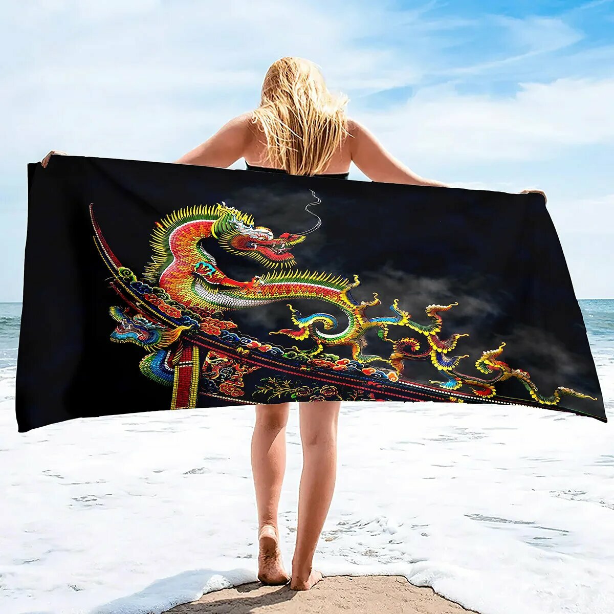Большое пляжное полотенце из микрофибры с принтом дракона Черный, H50xW100cm, 18