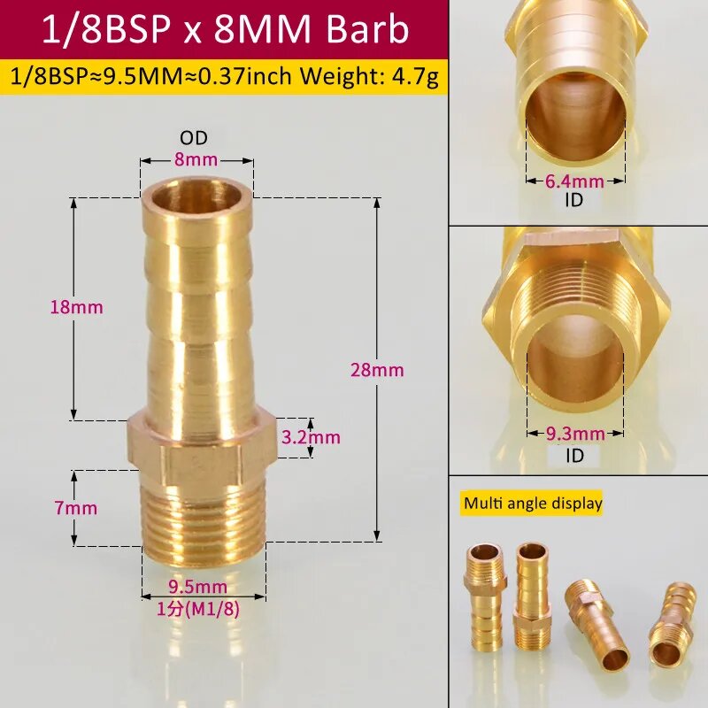 Латунные фитинги для труб 6/8/10/12/14/16 мм с хвостовиком для шланга 1l8BSP 8mm Barb