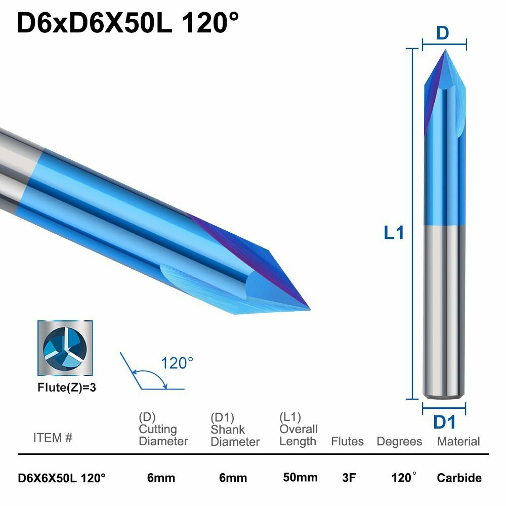 Фреза XCAN фасочная трехзаходная по металлу, нано-синие покрытие, 120 градусов, 6х6х60 мм