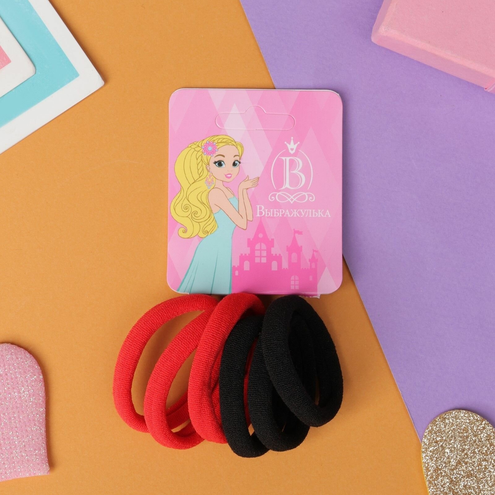 Резинки для волос Махрушка , набор 6 шт, 3.5 см, чёрные, красные, 5 уп