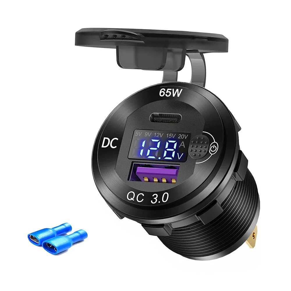Автомобильное USB зарядное устройство 65W PD QC3.0, синий PD 65W