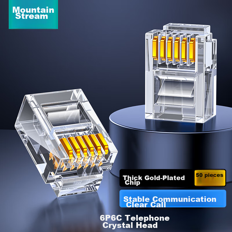 Shanze Shanze, Telephone Crystal Head, 6P6C Voice Telephone Line Connector, 6-Core Gold-Plated Telephone Line Crystal Head, RJ11 Interface Telephone Line Connection Plug, 50 Pieces, SJ-6650