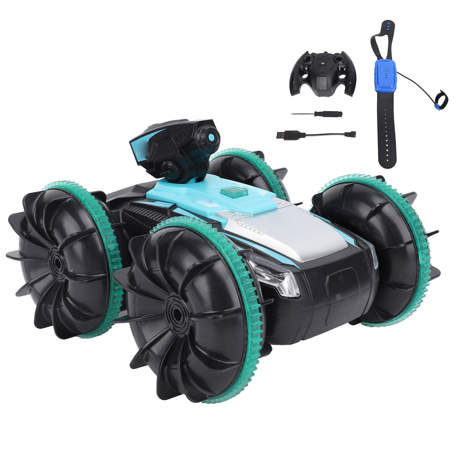 Радиоуправляемая трюковая машинка с управлением жестами, вращением на 360 градусов, двусторонним поворотным пультом дистанционного управления и подсветкой, для мальчиков, зелёного цвета.