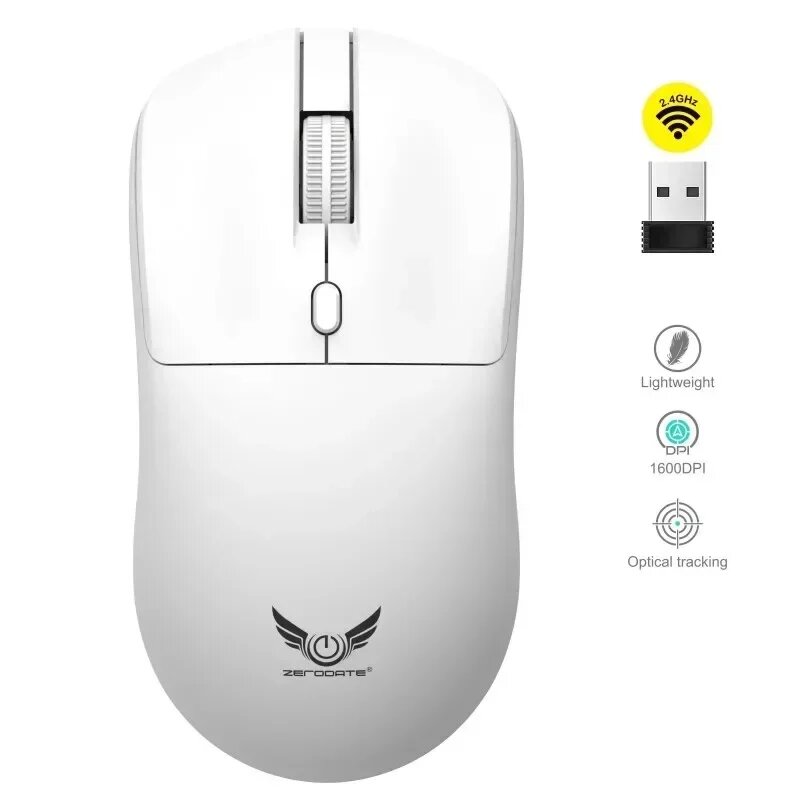 Беспроводная мышь Zerodate 2.4G, 1600 DPI, White