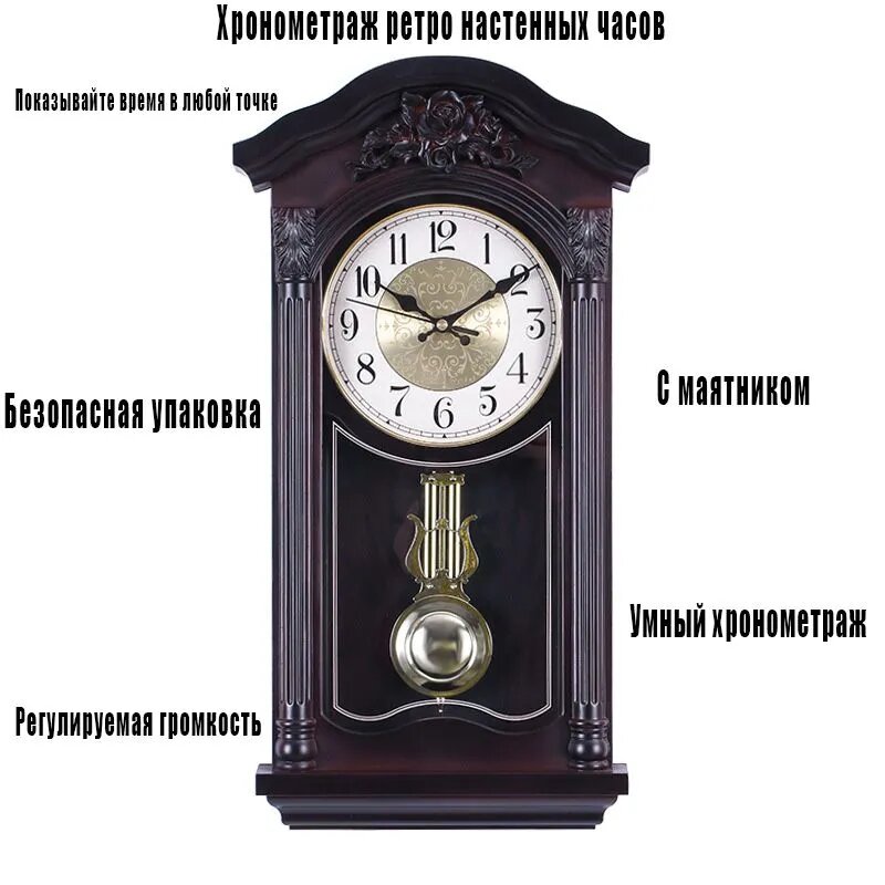 Настенные часы Ретро с маятником, 51.5 см х 27 см, кварцевые, для дома
