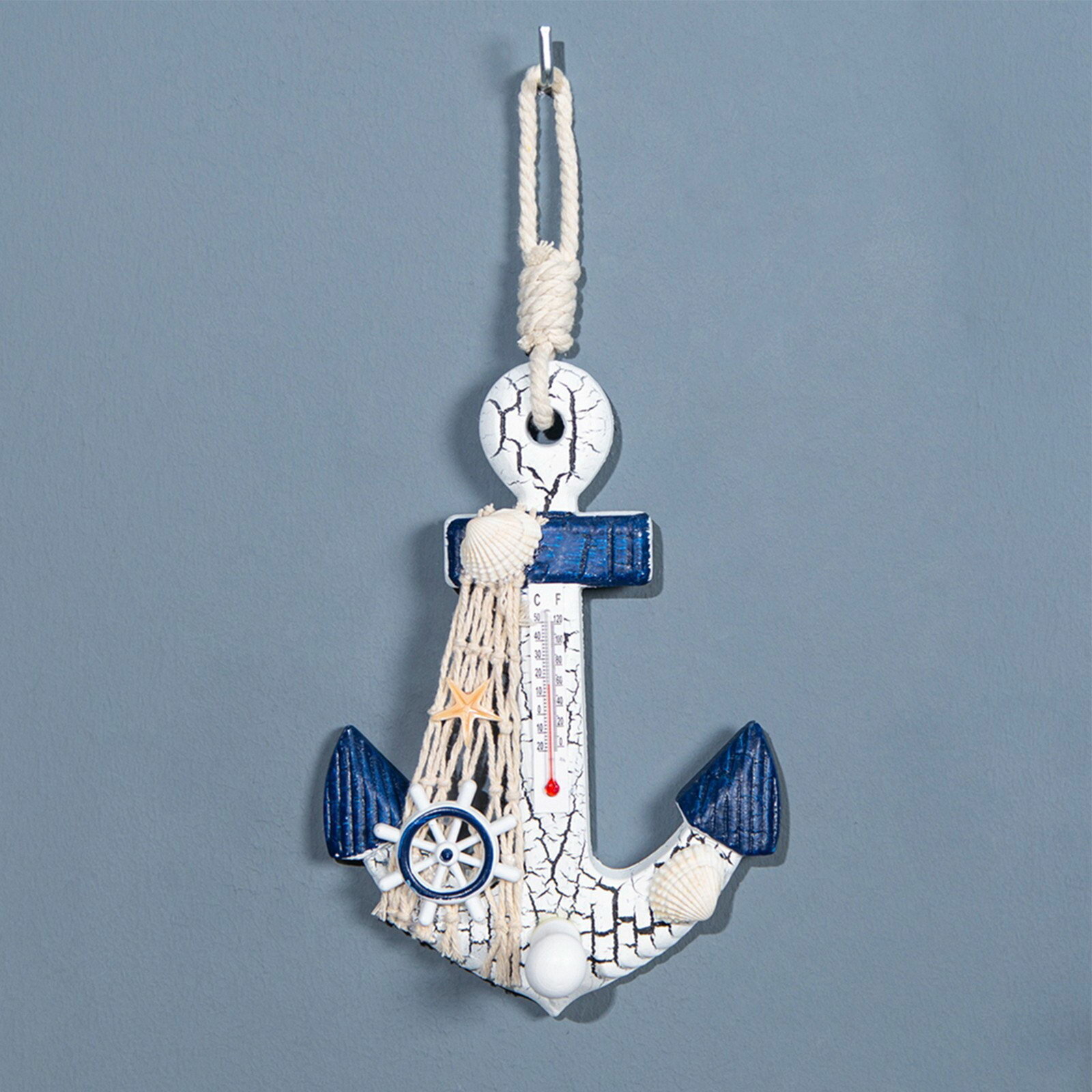 Декор настенный, панно "Якорь", с термометром, 22x12 см, цвет: белый