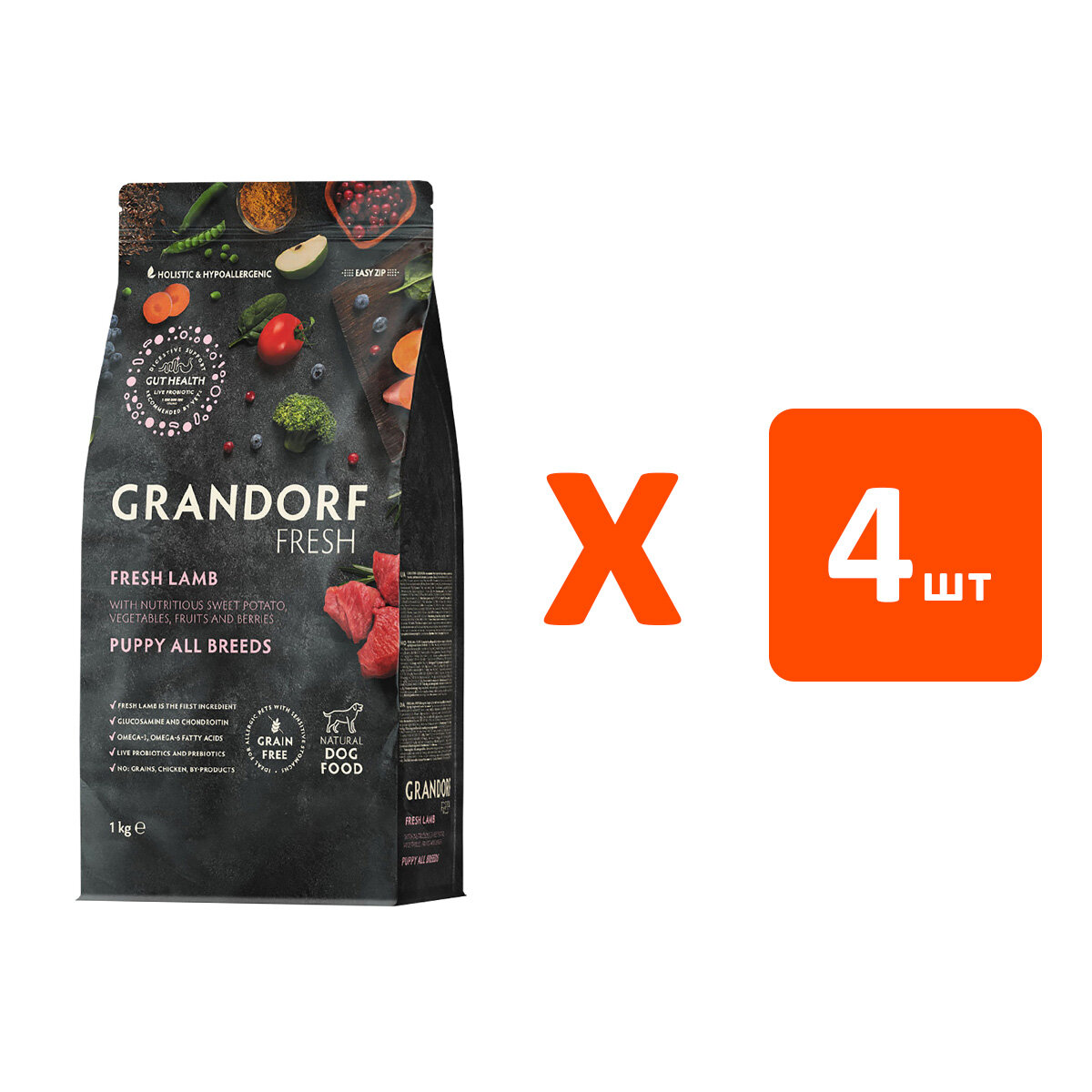 Корм сухой Grandorf Fresh Grain Free Puppy All Breeds Lamb & Sweet Potato беззерновой для щенков всех пород беременных и кормящих сук с ягненком и бататом, 1 кг х 4 шт