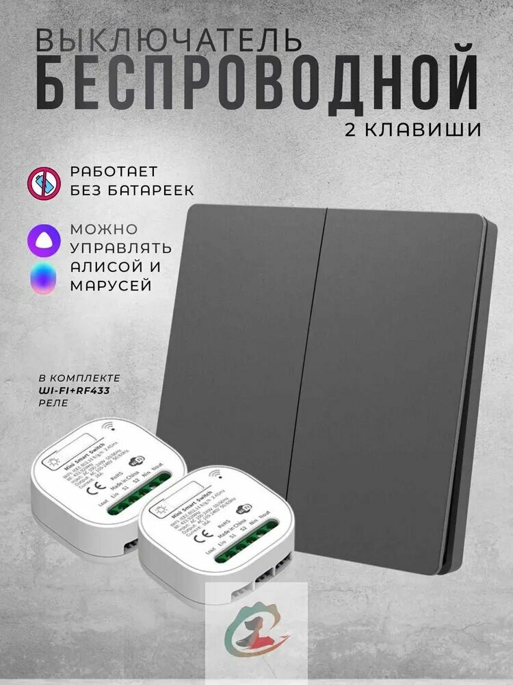 Беспроводной выключатель с Wi-Fi и RF433мГц двухклавишный, умный кинетический беспроводной выключатель + 2шт умное реле
