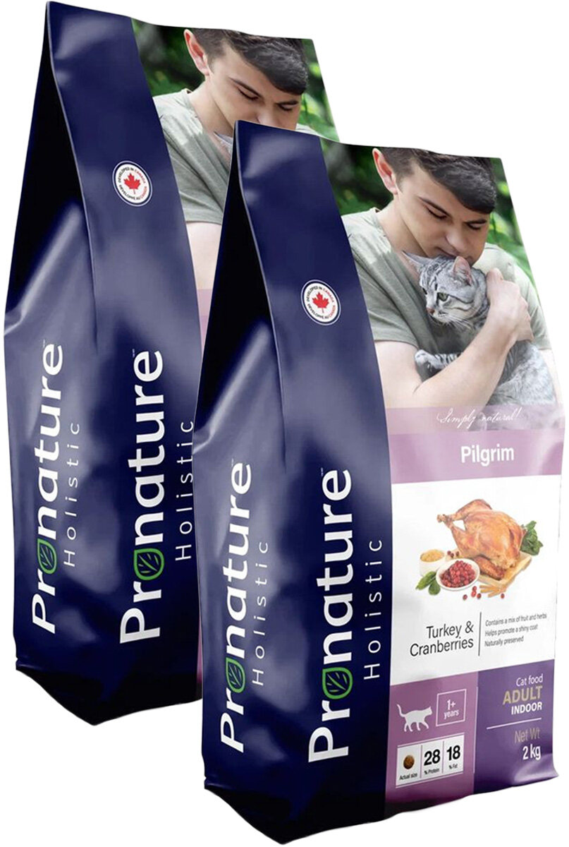 Корм сухой Pronature Holistic Pilgrim Indoor для взрослых кошек живущих дома, индейка и клюква, 2 кг х 2 шт