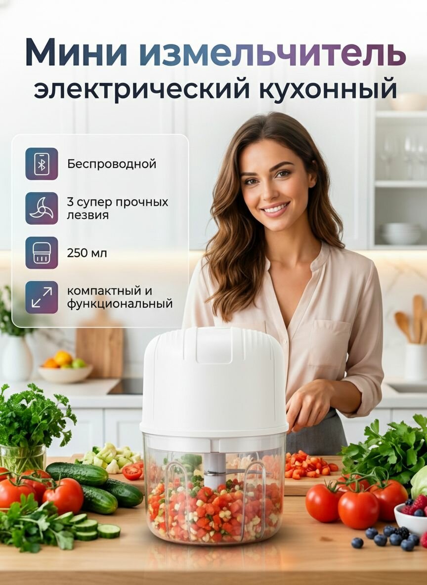Измельчитель кухонный электрический маленький, портативный измельчитель, чоппер, мини блендер, белый цвет, 250 мл