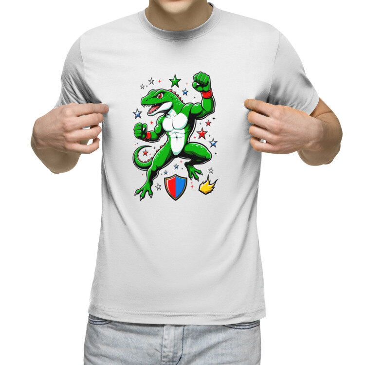 Мужская футболка «Ящерица-боец в атаке» (белый, 3XL)