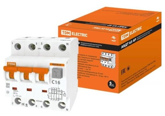 Дифференциальный автомат Tdm Electric АВДТ 63 4P(3Р+N) C16 100мА 6кА тип А (SQ0202-0021)