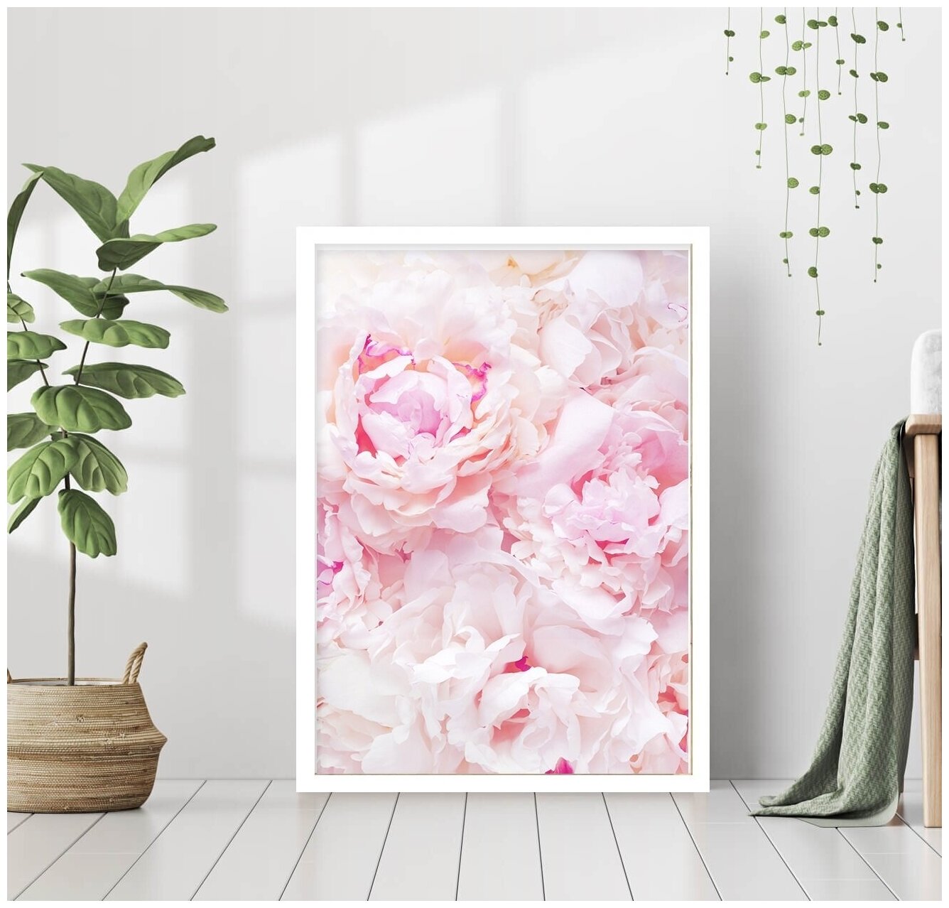 Постер "Пионы, мазки" 50x70 в белой рамке на стену для интерьера