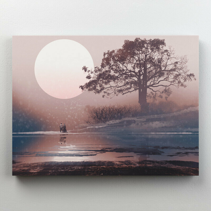 Интерьерная картина на холсте "Живопись - пара влюбленных на озере в полнолуние" размер 30x22 см