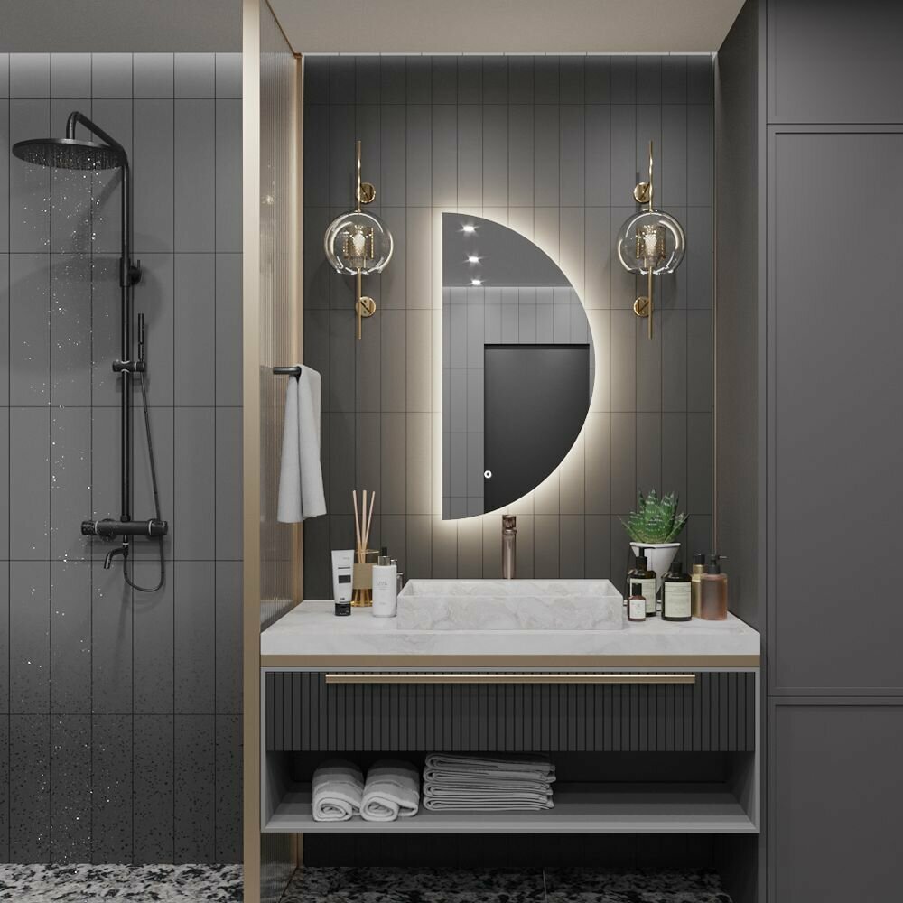 Зеркало в ванную с подсветкой настенное круглое Alias Муза 120*60 1/2 половина для ванной с нейтральной LED-подсветкой и подогревом, обрез слева