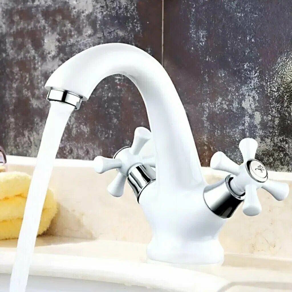 Смеситель для раковины (умывальника) Frud R10332 белый, силумин, фиксированный излив, управление вентильное