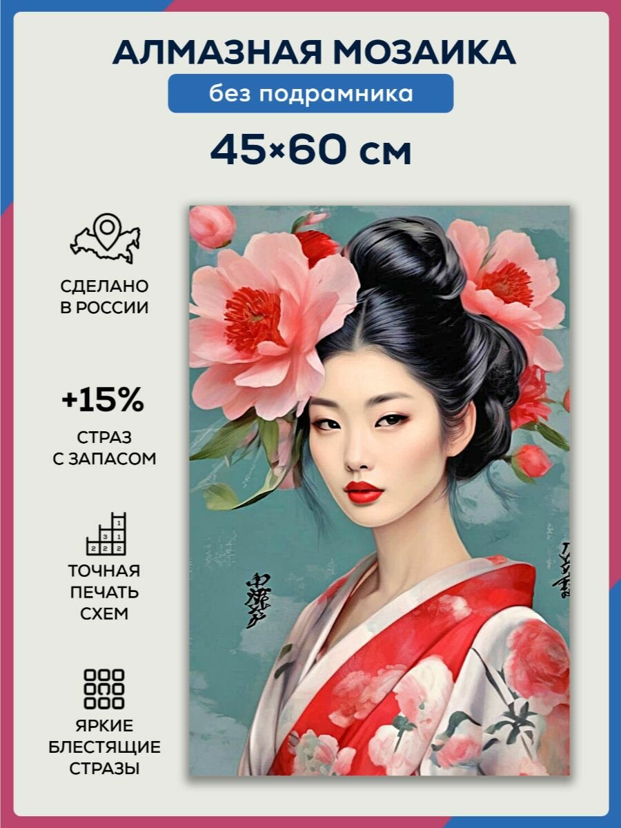 Алмазная мозаика 45x60 Японка в красном без подрамника