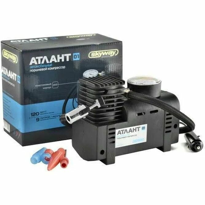 Компрессор пластиковый 9л/мин в прикуриватель Skyway АТЛАНТ-01 (3 вида насадок) 20 АТМ