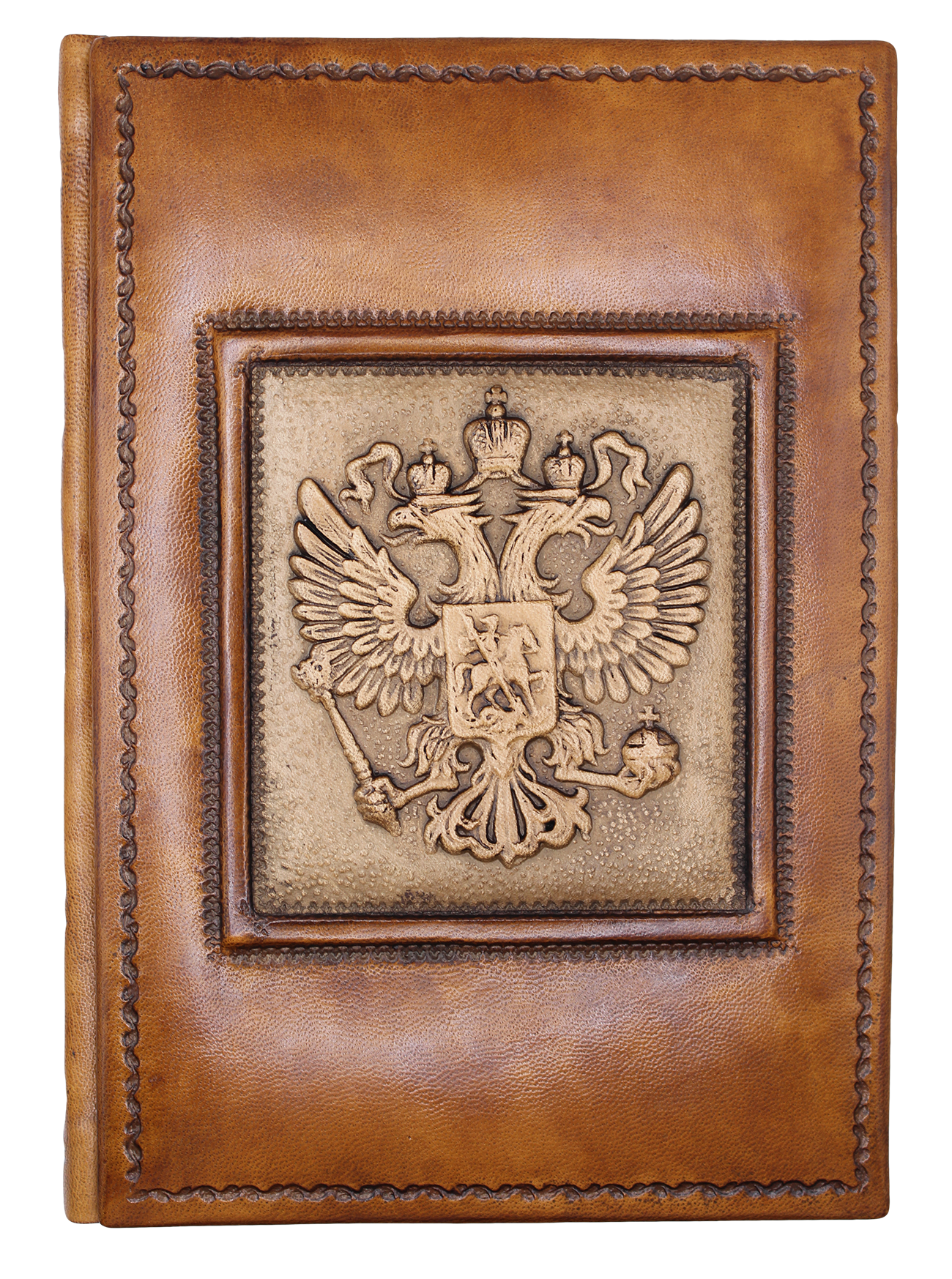 Ежедневник ручной работы из натуральной кожи "Герб Российской Федерации" 15х22 см. Сменный блок страниц.