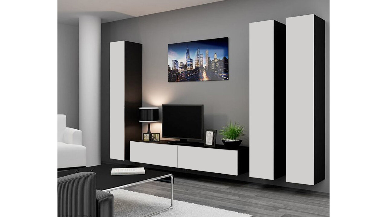 Гостиная Виго 1 Белый Фасадный 0101 / Черный 0190 NEW 300x42x180 см, белый фасадный, черный Дом мебели для вас