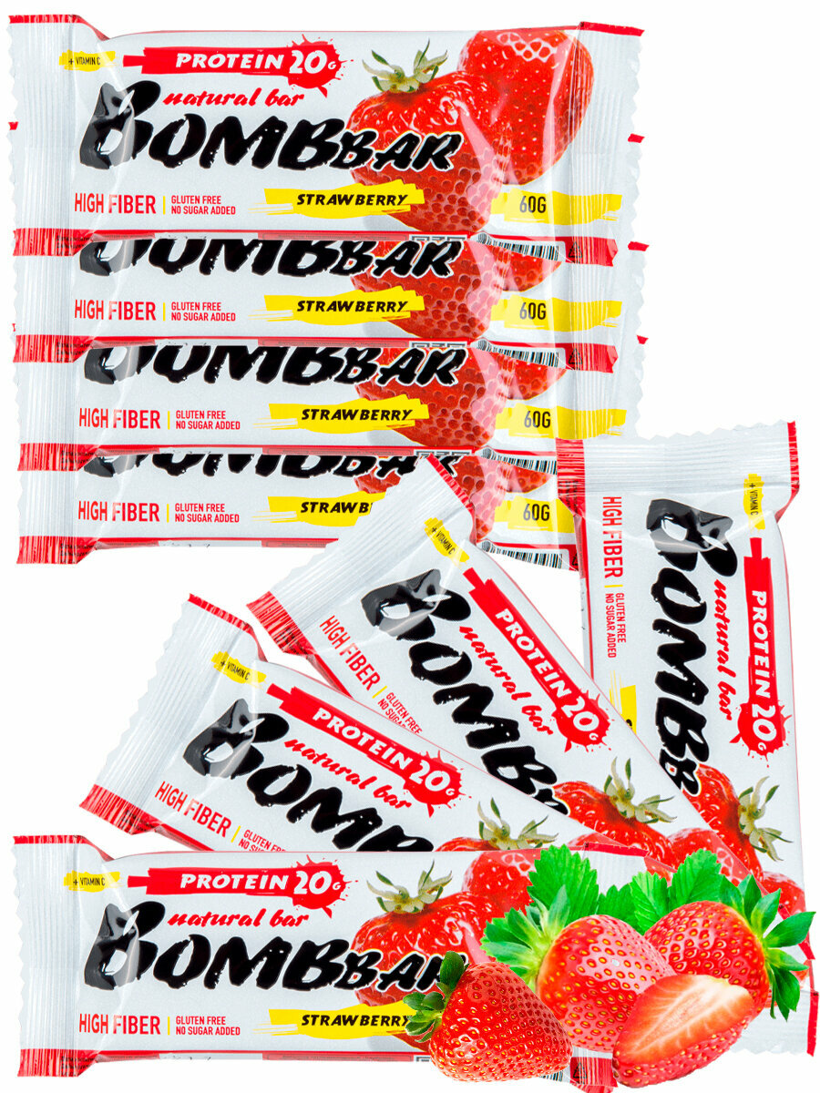 Протеиновый батончик BombBar Protein Bar 8 x 60 г, Клубника