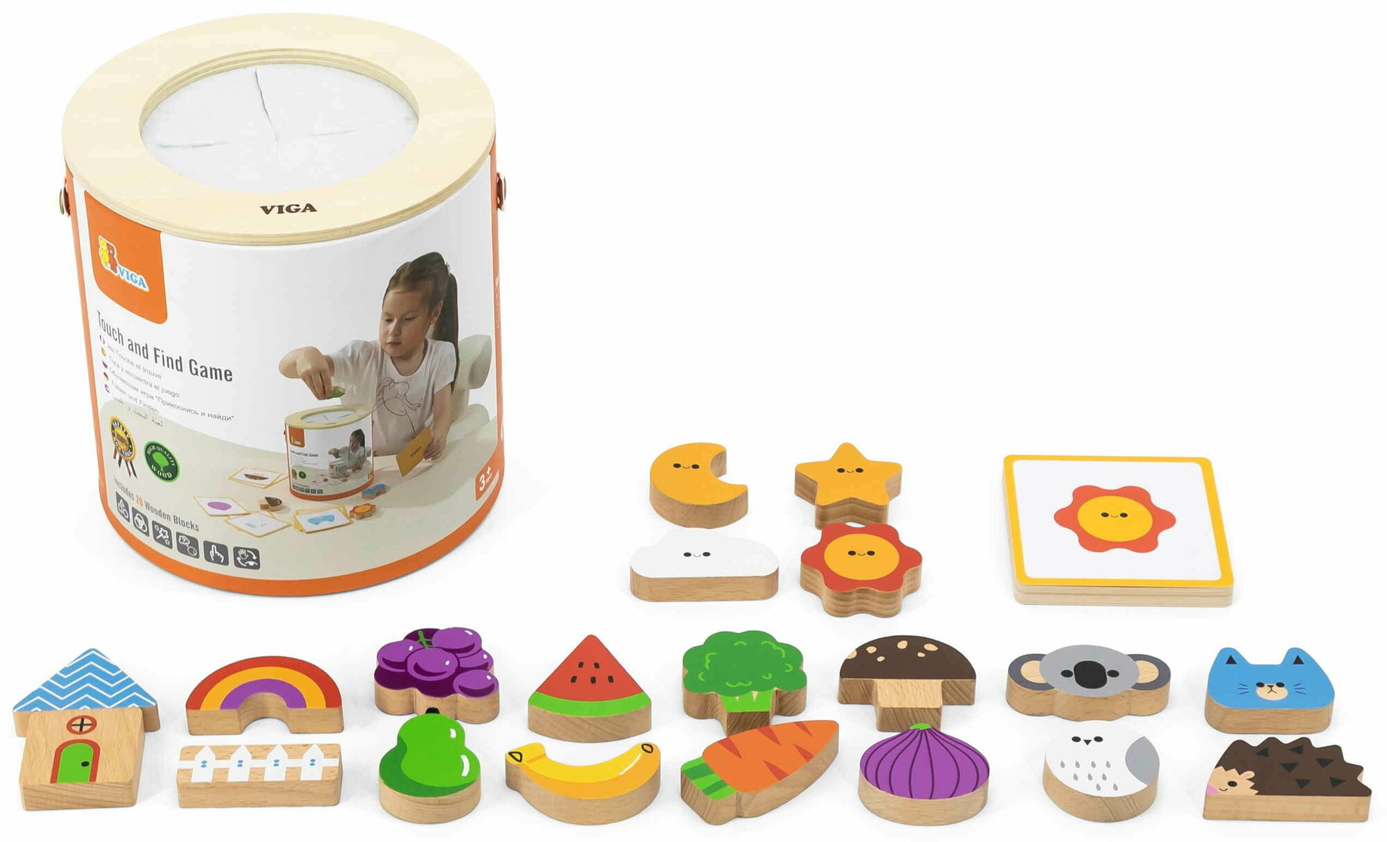 Обучающая игра "Прикоснись и найди" в ведре 20 деревянных блоков разных форм,20 карточек