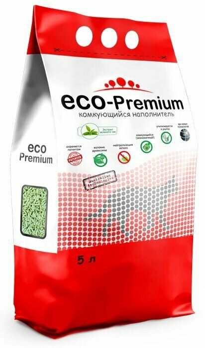 Наполнитель для кошачьих туалетов Eco Premium Зеленый чай древесный комкующийся с ароматом Зеленого чая 1,9 кг 5 л
