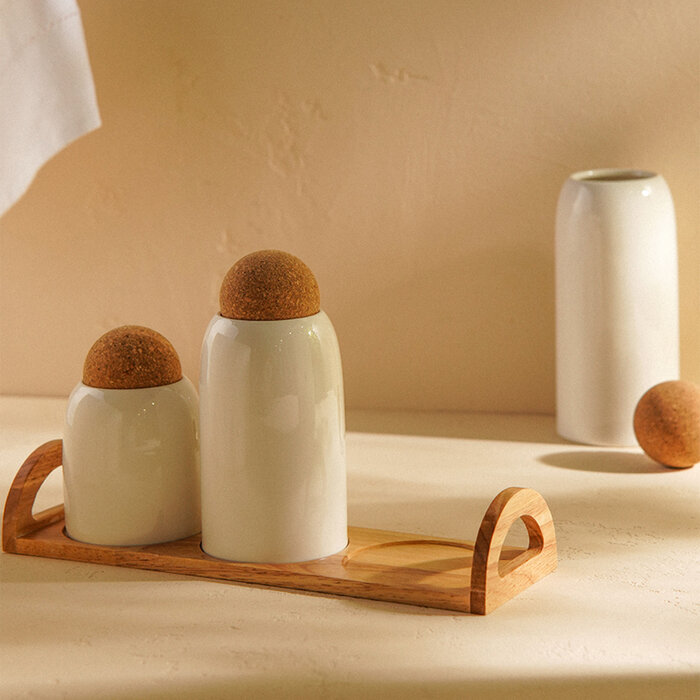 Банки для сыпучих SL Home «Тренто», 450/700/900 мл, набор 3 шт, на деревянной подставке, фарфор, белые