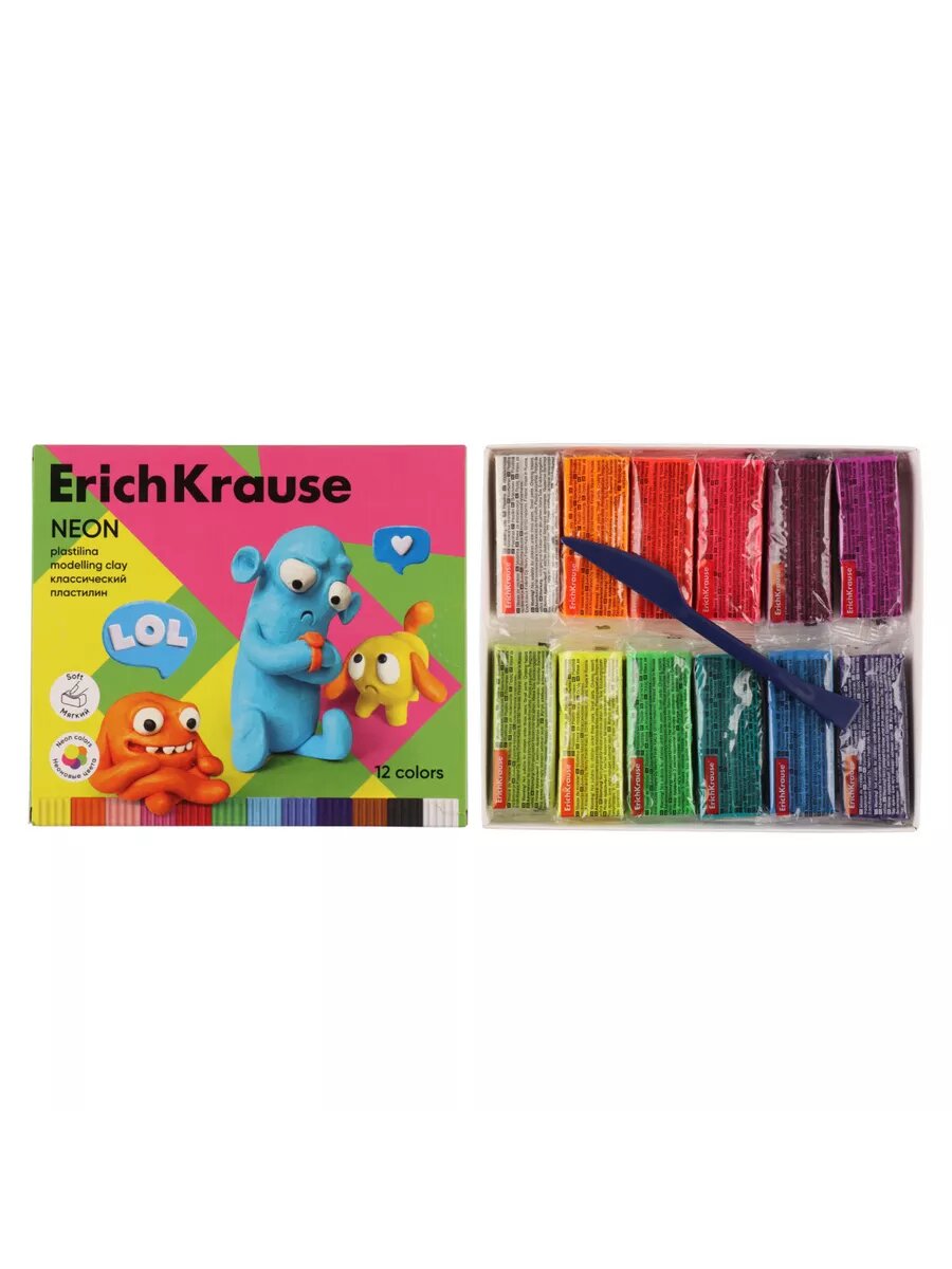 Пластилин ErichKrause Jolly Friends Neon, 12 цветов, картонная упаковка, 216 г
