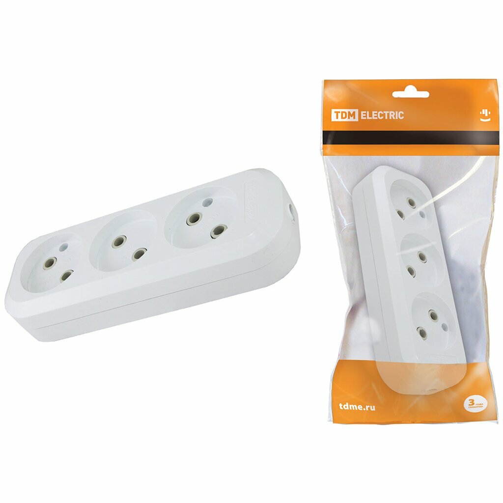 Корпус удлинителя 3 гнезда, 2 полюса, без заземления, 10 А, 250 В, белый, TDM Electric, SQ1806-0010