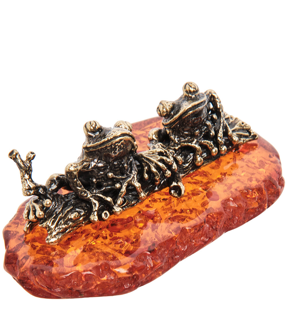 Фигурка 'Лягушки на бревне' (латунь, янтарь)