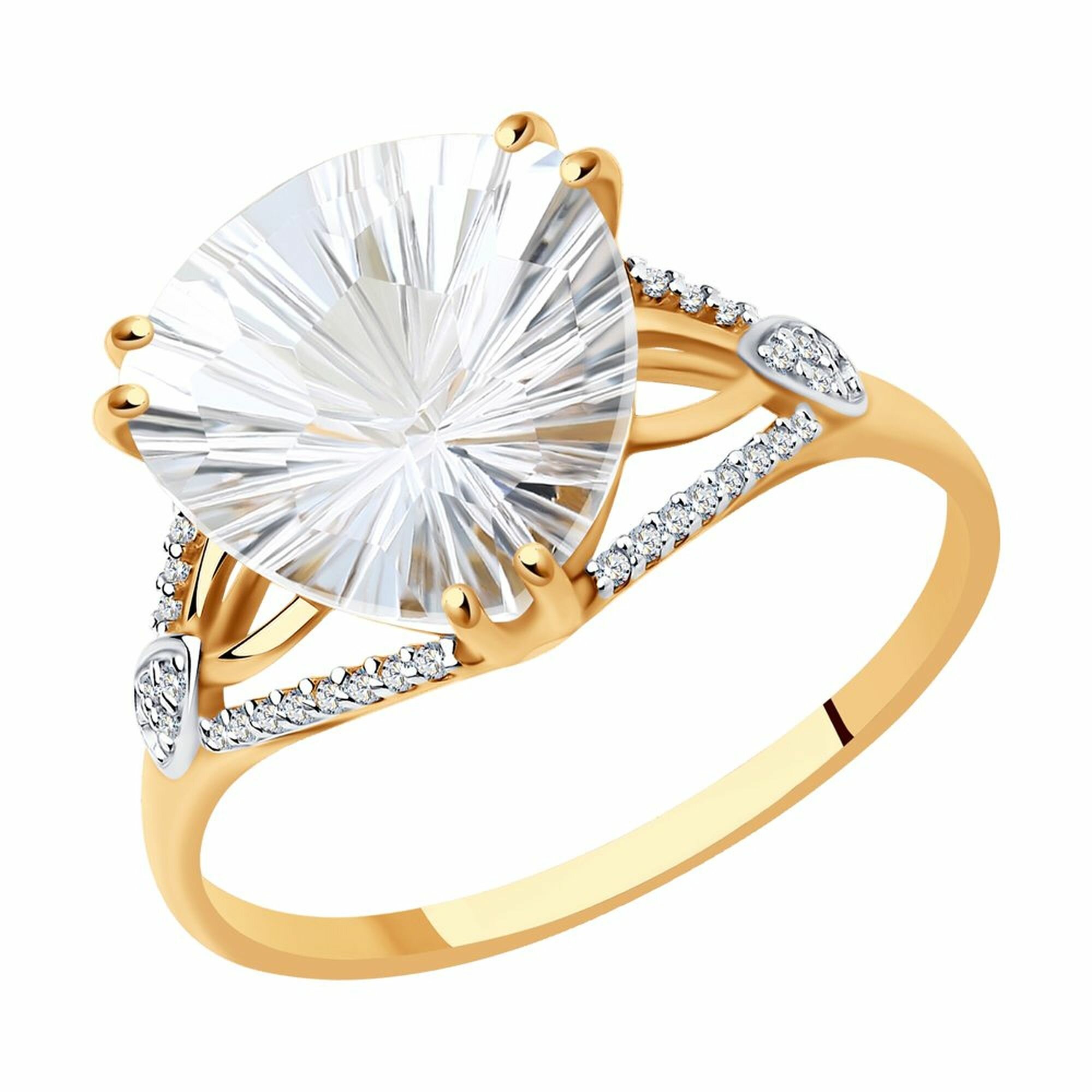 Кольцо, красное золото, 585 проба, горный хрусталь, фианит