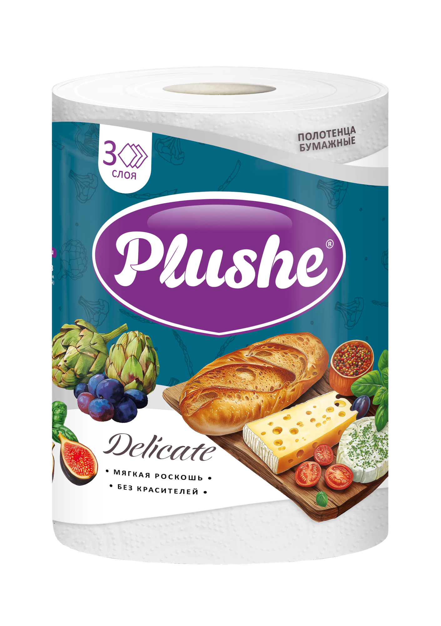 Полотенца бумажные Plushe Delicate 3 слоя, с тиснением, 1 рулон