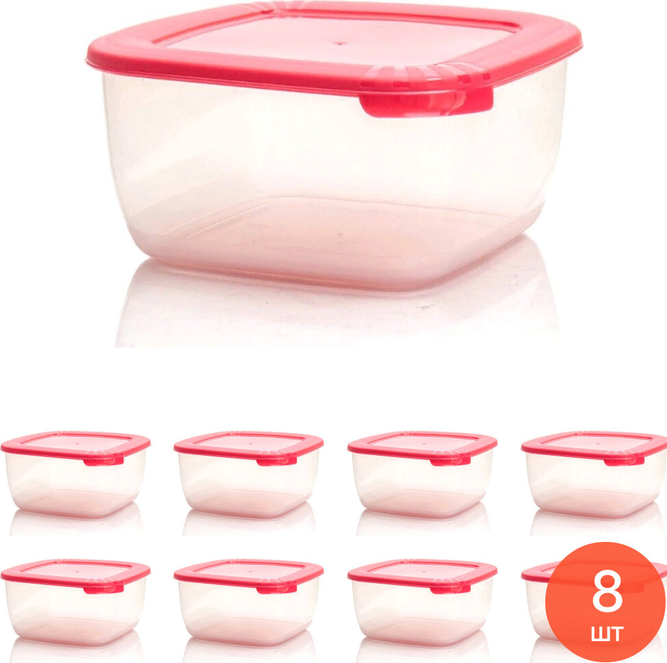 Контейнер для хранения продуктов Полимербыт Лайт полипропилен с крышкой, прозрачный 14.5×14.5×7см объем 0.95л / емкость герметичная для СВЧ (комплект из 8 шт)