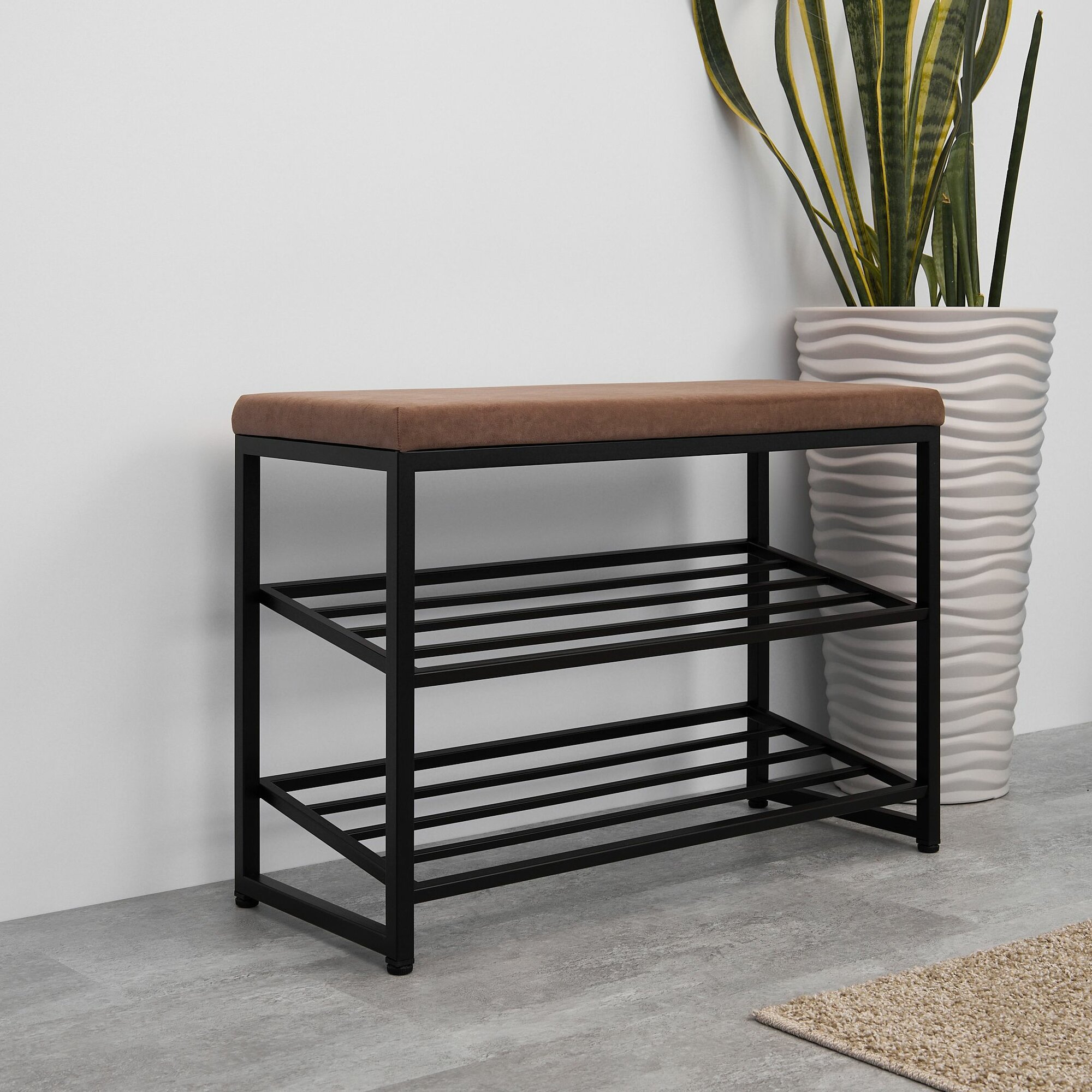 Обувница с мягким сиденьем "Эмили" / 75х30х52см / черный каркас - коричневый велюр