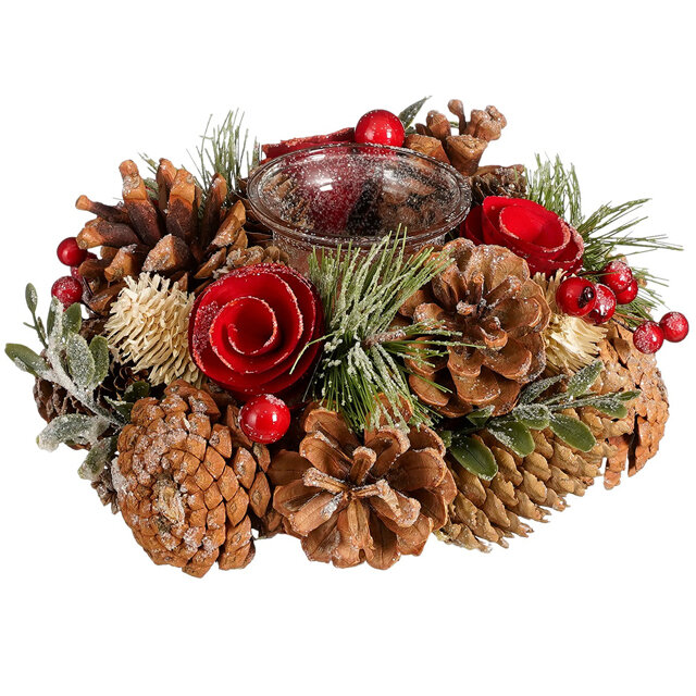 Новогодний подсвечник с шишками и розами Лесная Романтика 19 см, Edelman, 1139182
