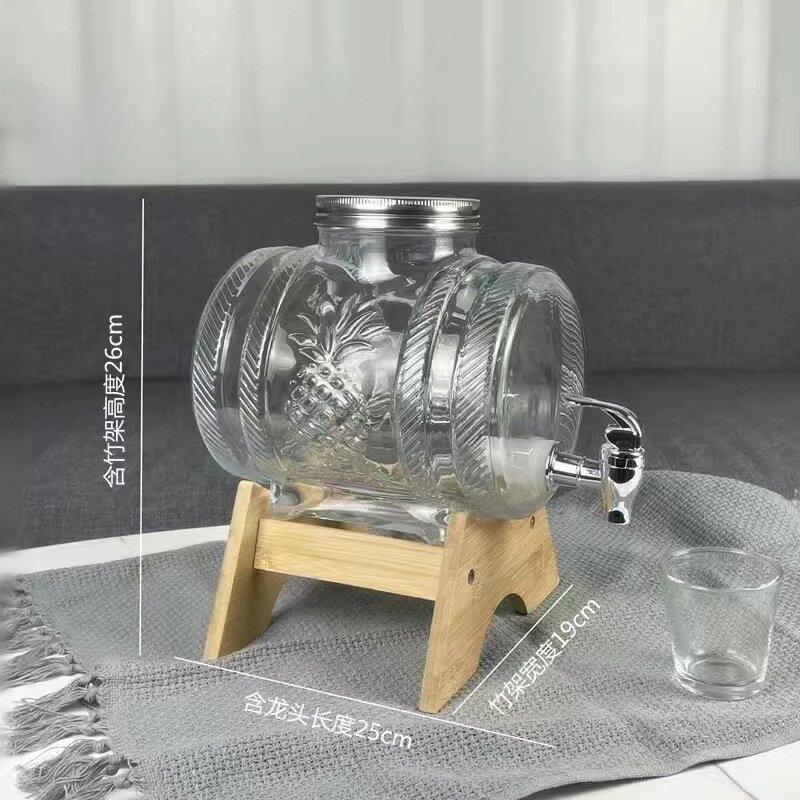 Стеклянная бочка для напитков, вина с краном и металлической пробкой 3л, на бамбуковой подставке