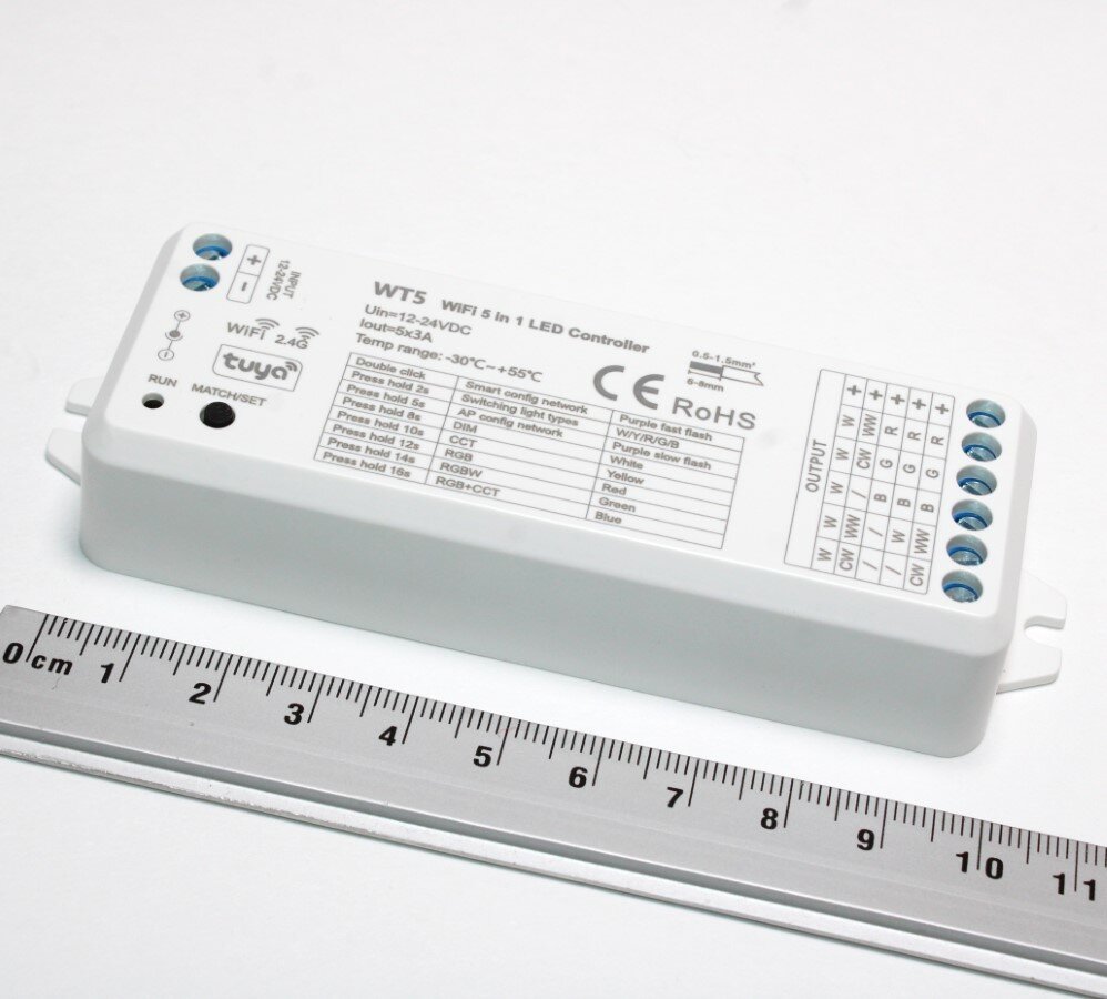 Контроллер 5ch WT5 KZ2 RGB+ССT/RGB/CCT/DIM Wi-fi, 2.4G, TUYA (12-24V, 5x3A, max.180-360W), Работает со всем оборудование