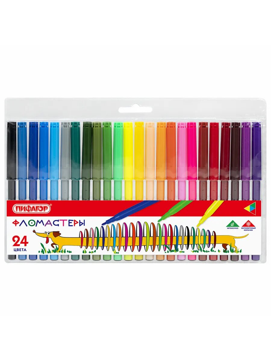 Фломастеры Пифагор, 24 смываемых цвета, круглый наконечник, длина 14,5 см