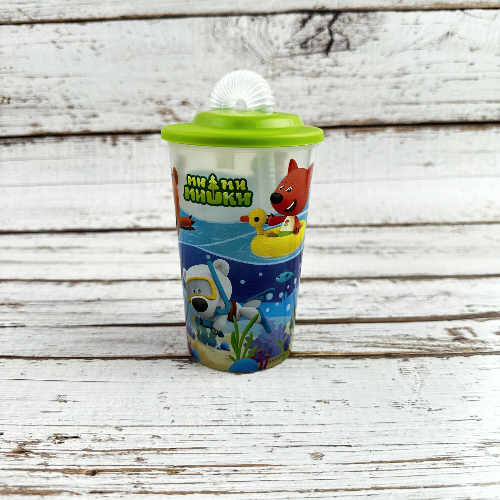 Детский стакан Ми-ми-мишки, с крышкой и трубочкой, цвет: зеленый, 0.4л