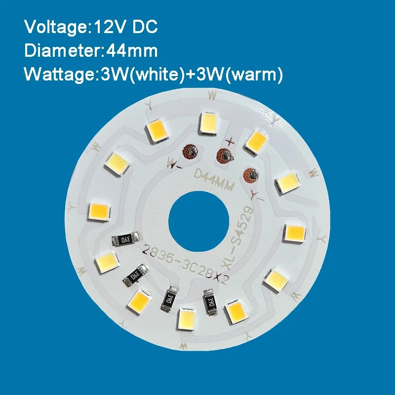 Светодиодная круглая лампа 12V, 44mm, 3W (белый+тёплый)