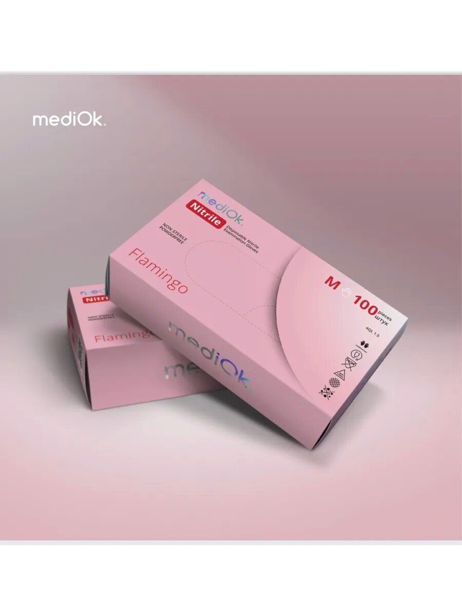 Перчатки нитриловые mediOk, розовый Flamingo, размер M, 50 пар