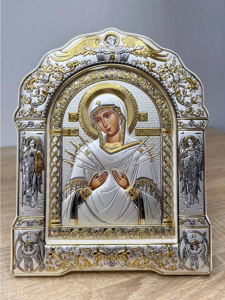 Икона серебряная, греческая Семистрельная БМ, 266х335мм. — фото 1
