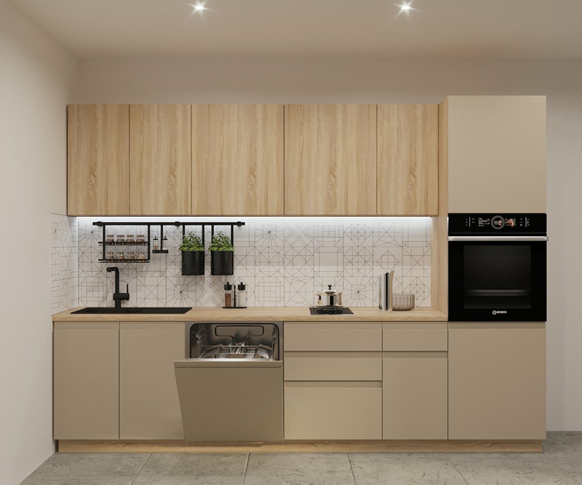 Кухонный гарнитур Лайн дуб Сонома/Пикрит, 3000 мм, фасады МДФ, с пеналом для техники