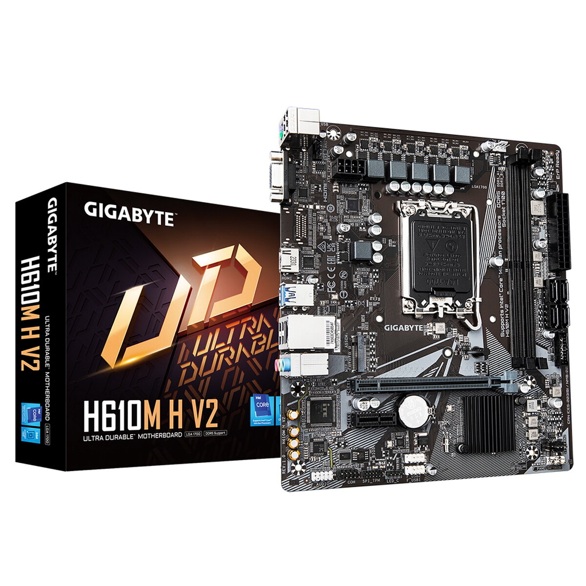 Материнская плата Gigabyte H610M H V2, уц-2 Socket 1700, Intel®H610, 2xDDR5-4800, D-SUB+HDMI, 1xPCI-Ex16, 1xPCI-Ex1, 4xSATA3, 1xM.2, 8Ch Audio, GLan, (4+4)xUSB2.0, (2+2)xUSB3.2, 2xPS/2, mATX, RTL